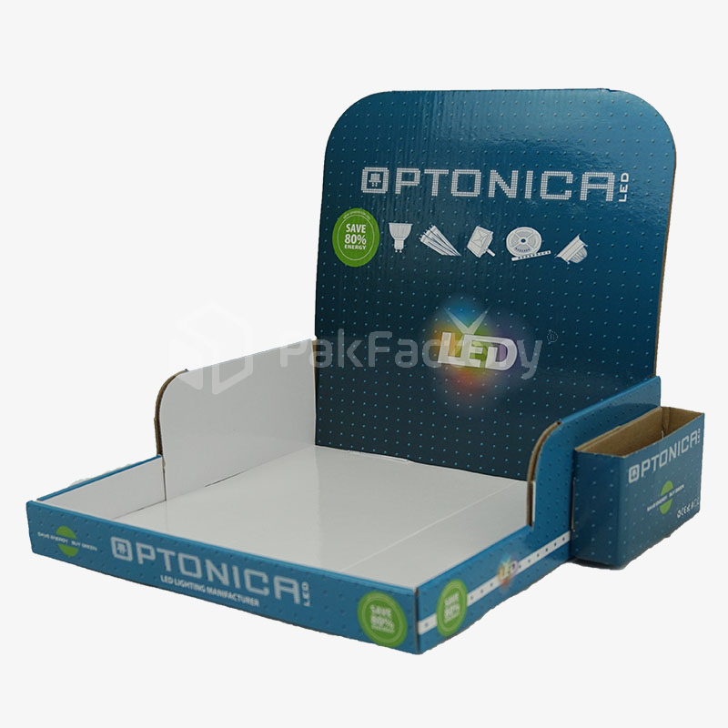 Custom Blue Single Bin Display with a Side Pocket | PakFactory